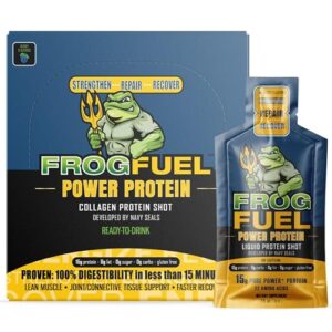 frog fuel power regular clear protein shot, 15g protein nano-hydrolyzed grass fed collagen, post workout, gluten free, fat & sugar free, 22 amino acids, 0 carbs, berry, 1 oz packets, 24 pack