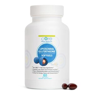 core med science liposomal glutathione supplement (500mg, 60 softgels) - pure reduced setria with phospholipid complex - antioxidant supplement for energy, and skin