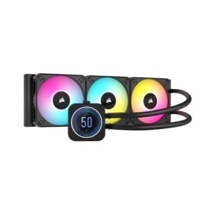 corsair icue h150i elite lcd xt liquid cpu cooler - ips lcd screen - three af120 rgb elite fans - 360mm radiator - fits intel® lga 1700, amd® am5, and more - included icue commander core - black