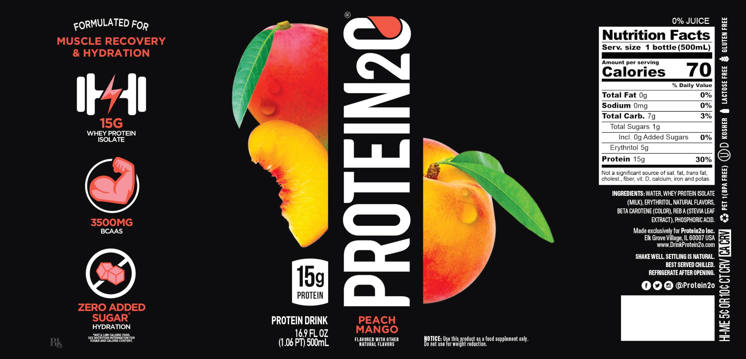 Protein2o 15g Whey Protein Infused Water, Peach Mango, 16.9 Oz Bottle (Pack of 12)