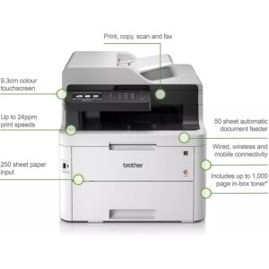 Brother Color MFC-L3770CDW Digital All-in-One Wireless Laser Printer, White - Print Copy Scan Fax - 3.7" Touch, 25 ppm, 2400 x 600 dpi, Auto Duplex Printing, 50-Sheet ADF, Ethernet, NFC, Tillsiy Cable