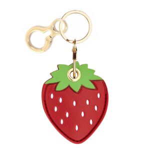 borkuana leather keychain holder case compatible with apple airtag, cute protective air tag cover with keychain ring, anti-scratch finder gps tracker case for wallet keys(strawberry)