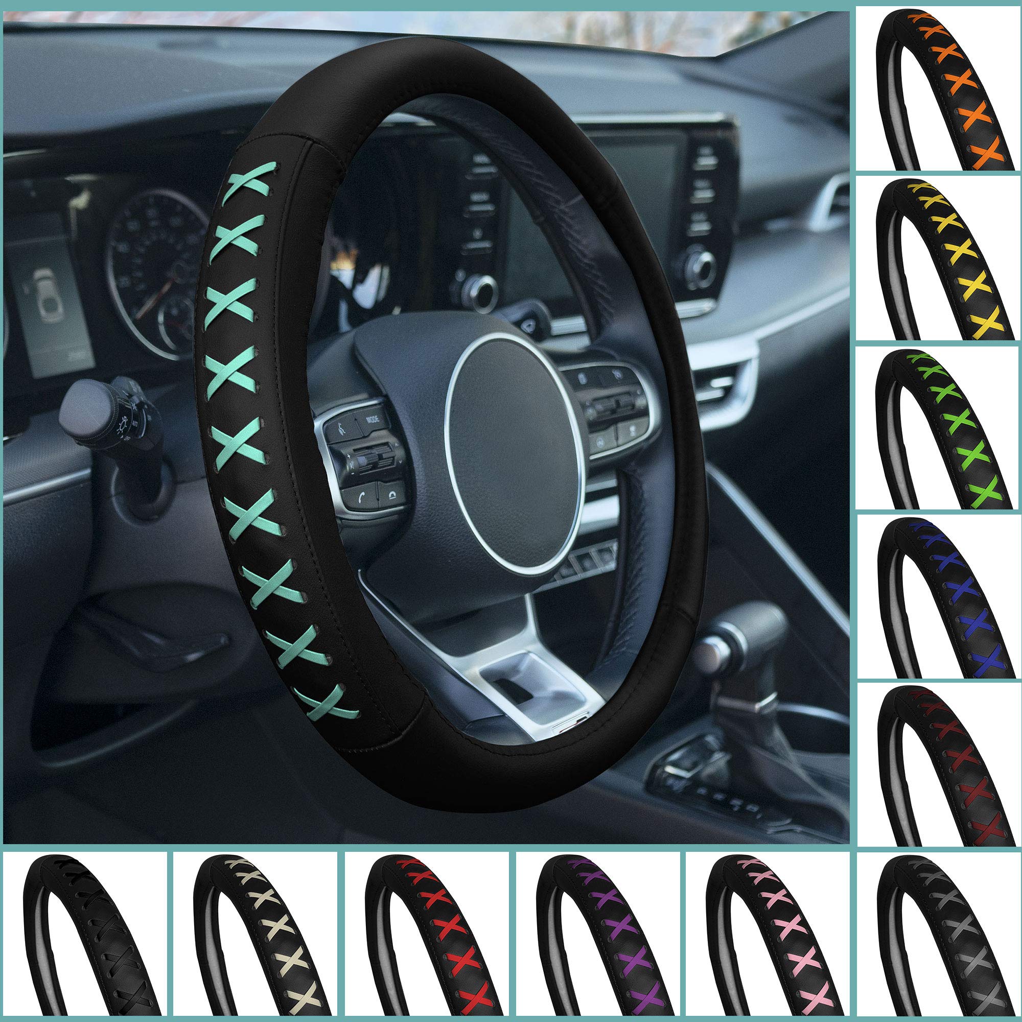 FH Group 15 Inch Genuine Leather with Lace-Up Detailing Steering Wheel Cover fits Most Cars, SUVs Blue