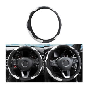 car steering wheel cover, microfiber pu leather elastic carbon fiber auto steering wheel protector, 15 inch breathable anti-slip for women men, car interior accessories for most cars (black/white)