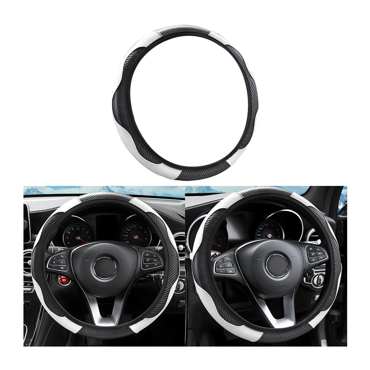 Car Steering Wheel Cover, Microfiber PU Leather Elastic Carbon Fiber Auto Steering Wheel Protector, 15 Inch Breathable Anti-Slip for Women Men, Car Interior Accessories for Most Cars (Black/White)