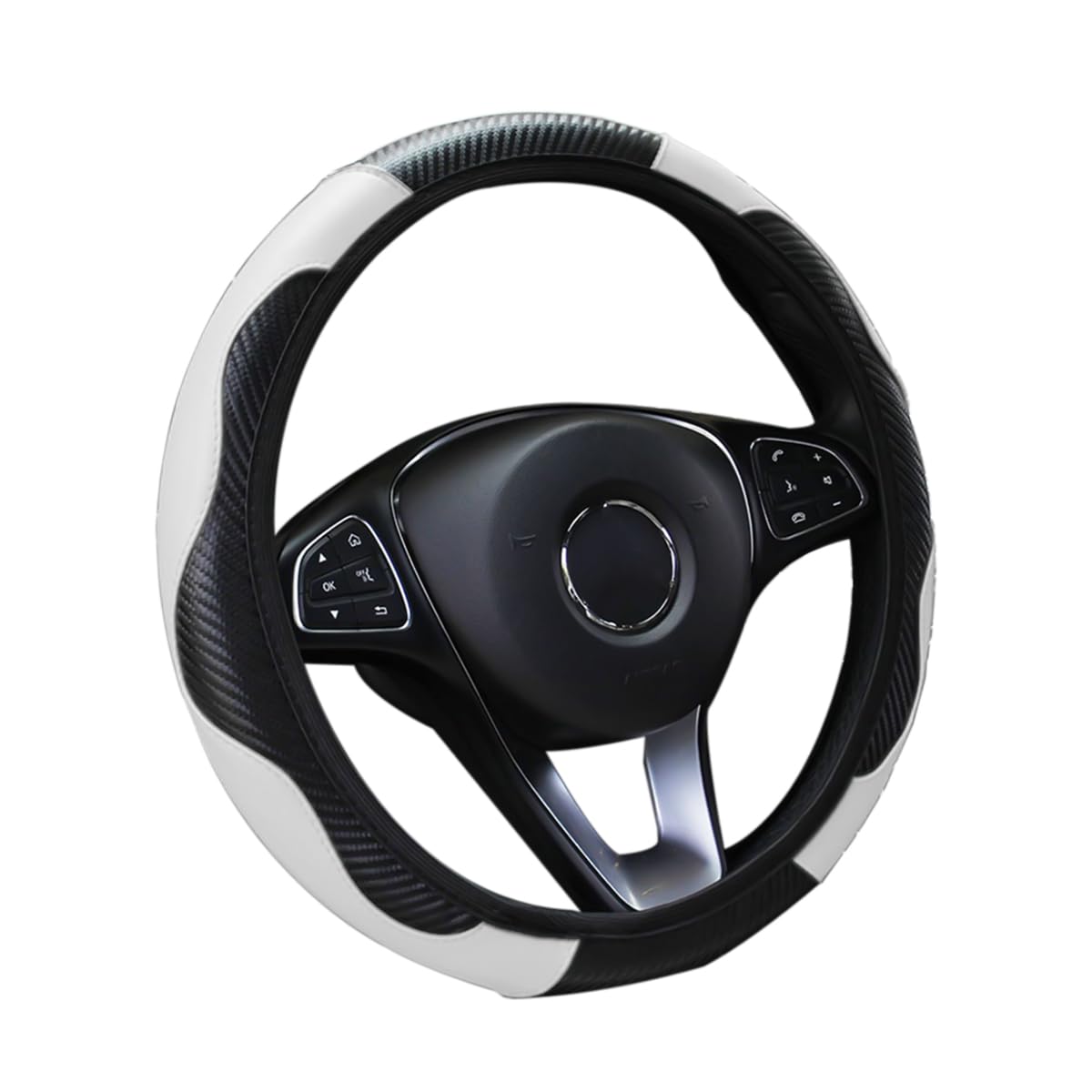 Car Steering Wheel Cover, Microfiber PU Leather Elastic Carbon Fiber Auto Steering Wheel Protector, 15 Inch Breathable Anti-Slip for Women Men, Car Interior Accessories for Most Cars (Black/White)