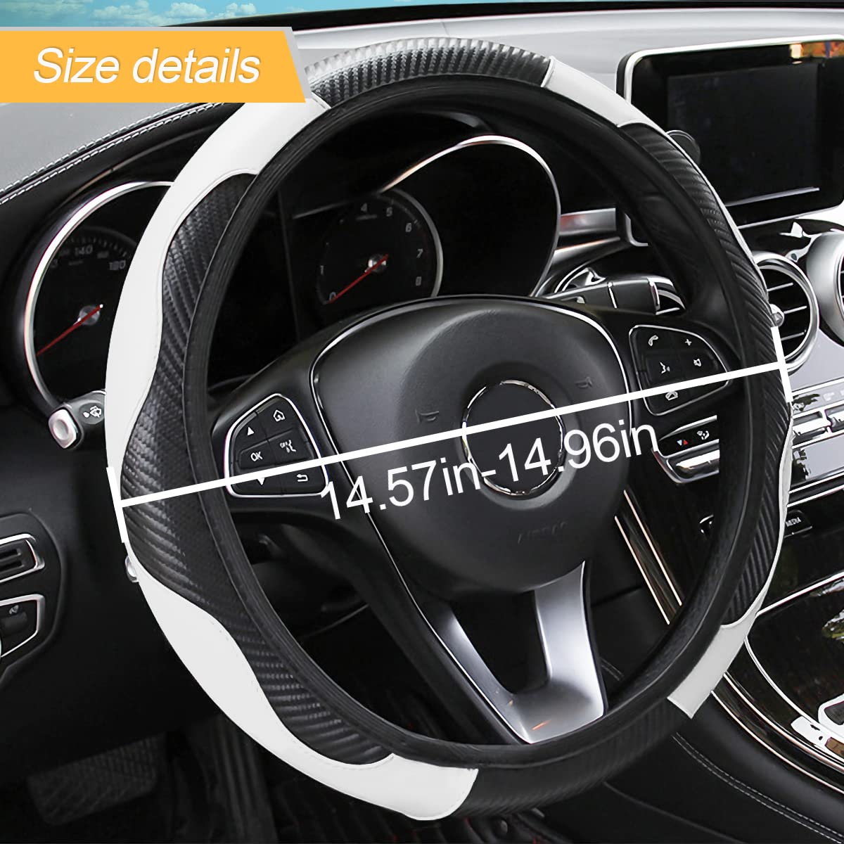 Car Steering Wheel Cover, Microfiber PU Leather Elastic Carbon Fiber Auto Steering Wheel Protector, 15 Inch Breathable Anti-Slip for Women Men, Car Interior Accessories for Most Cars (Black/White)