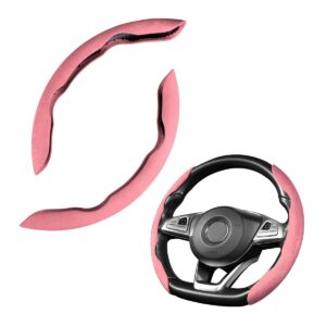 car steering wheel cover, microfiber suede leather and carbon fiber double sided design, warm in winter and cool in summer, breathable non slip segmented protector for most cars (turn fur/pink)