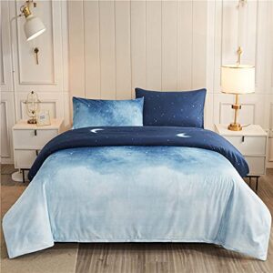 bluenight lightweight hotel luxury duvet cover 3 piece set -gradual change blue starry sky whit moon ultra soft premium microfiber breathable comforter cover, corner ties full/queen (90x90 inches)