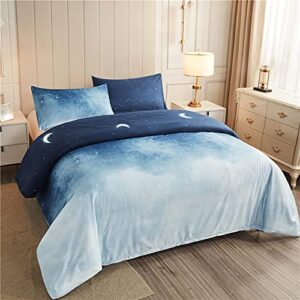 BLUENIGHT Lightweight Hotel Luxury Duvet Cover 3 Piece Set -Gradual Change Blue Starry Sky Whit Moon Ultra Soft Premium Microfiber Breathable Comforter Cover, Corner Ties Full/Queen (90x90 inches)