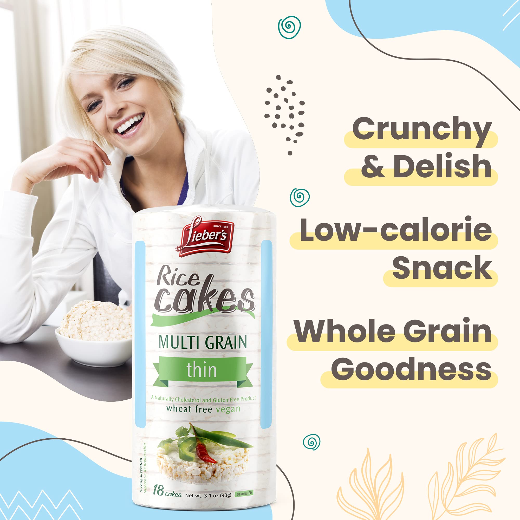 LIEBERS Rice Cakes, Kosher Certified Snack, Dairy Free, Wheat Free, Gluten Free, And Vegan options (pack of 3) (Multi Grain)