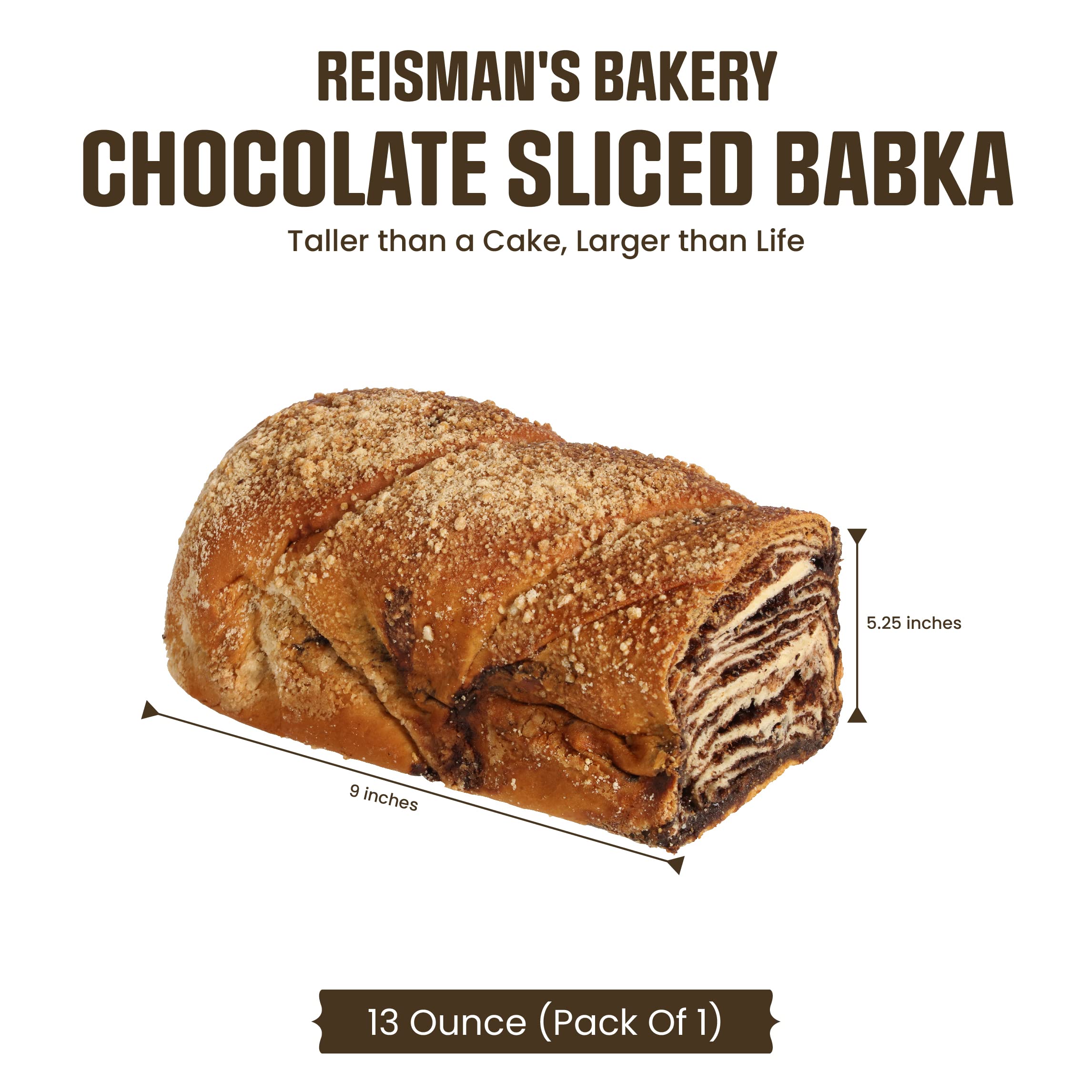 Reisman's Bakery Chocolate Babka Cake, Fresh Dessert, Nut-Free and Dairy-Free Chocolate Cake, OU Kosher-Certified Babka Bread, 1 lb, Pack of 1