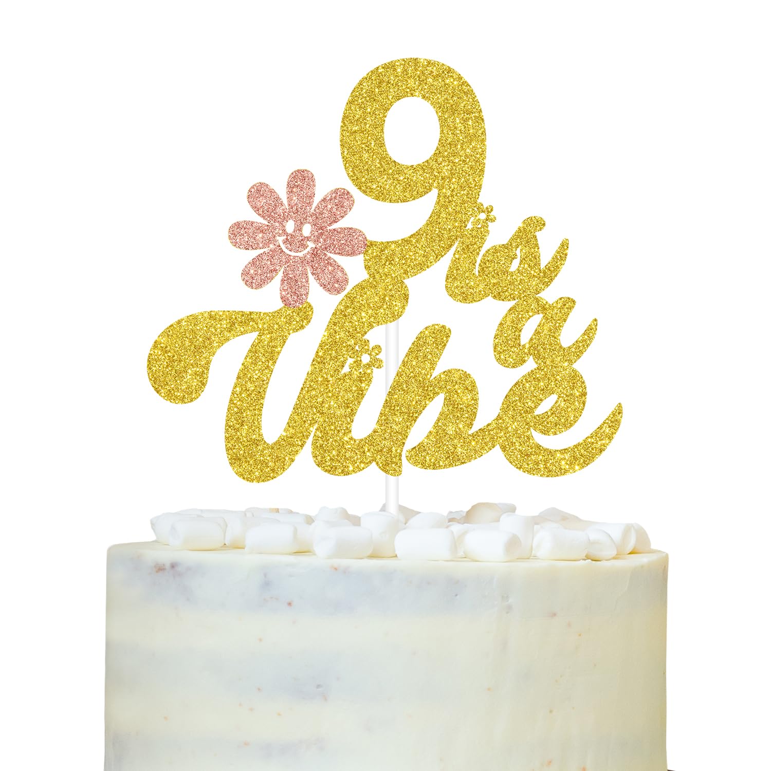 Happy 9th Birthday Cake Topper, 9 is a Vibe, Cheers to 9 Years, Glittery Groovy Daisy 9th Birthday Party Decorations Supplies