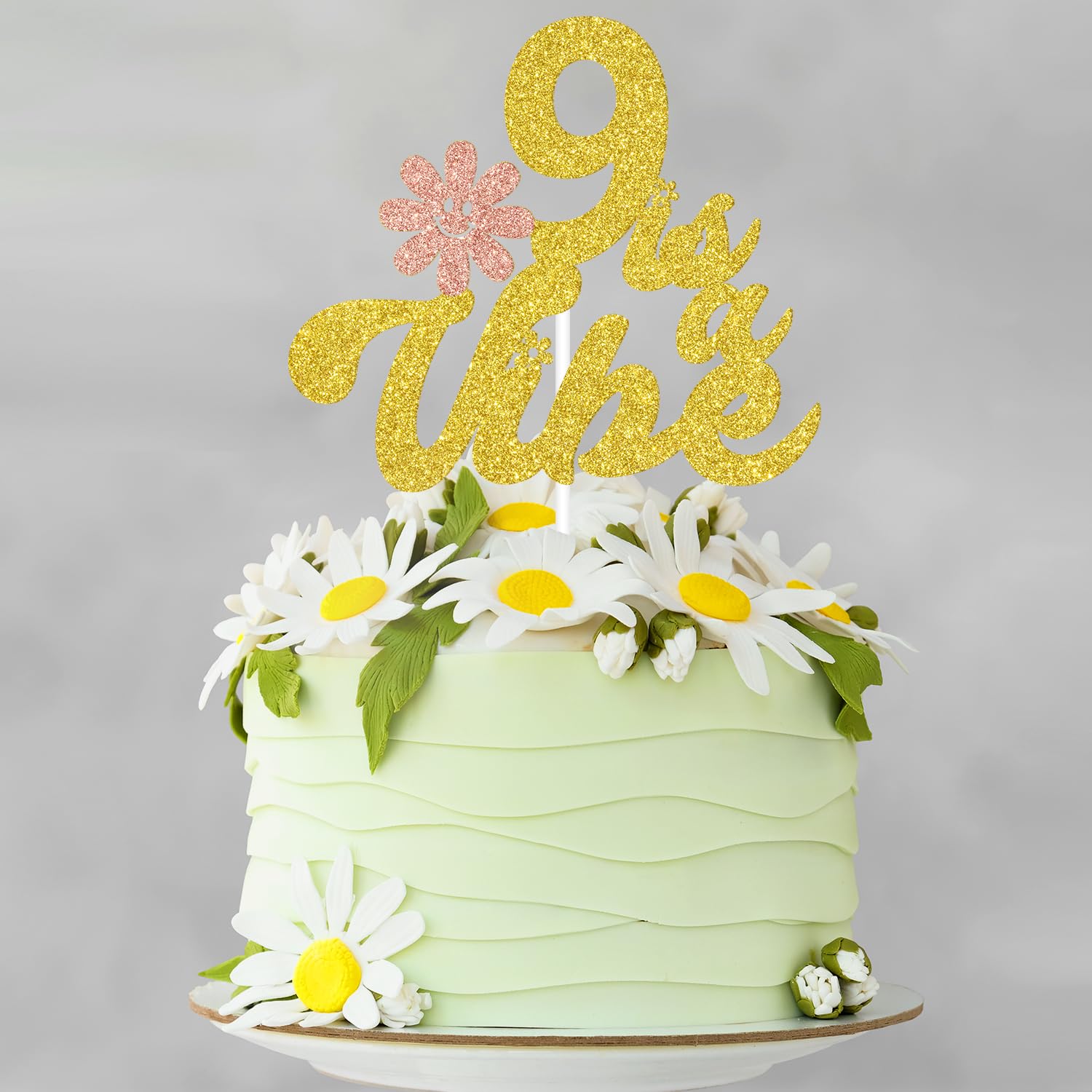 Happy 9th Birthday Cake Topper, 9 is a Vibe, Cheers to 9 Years, Glittery Groovy Daisy 9th Birthday Party Decorations Supplies