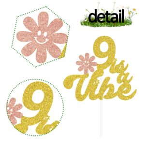 Happy 9th Birthday Cake Topper, 9 is a Vibe, Cheers to 9 Years, Glittery Groovy Daisy 9th Birthday Party Decorations Supplies