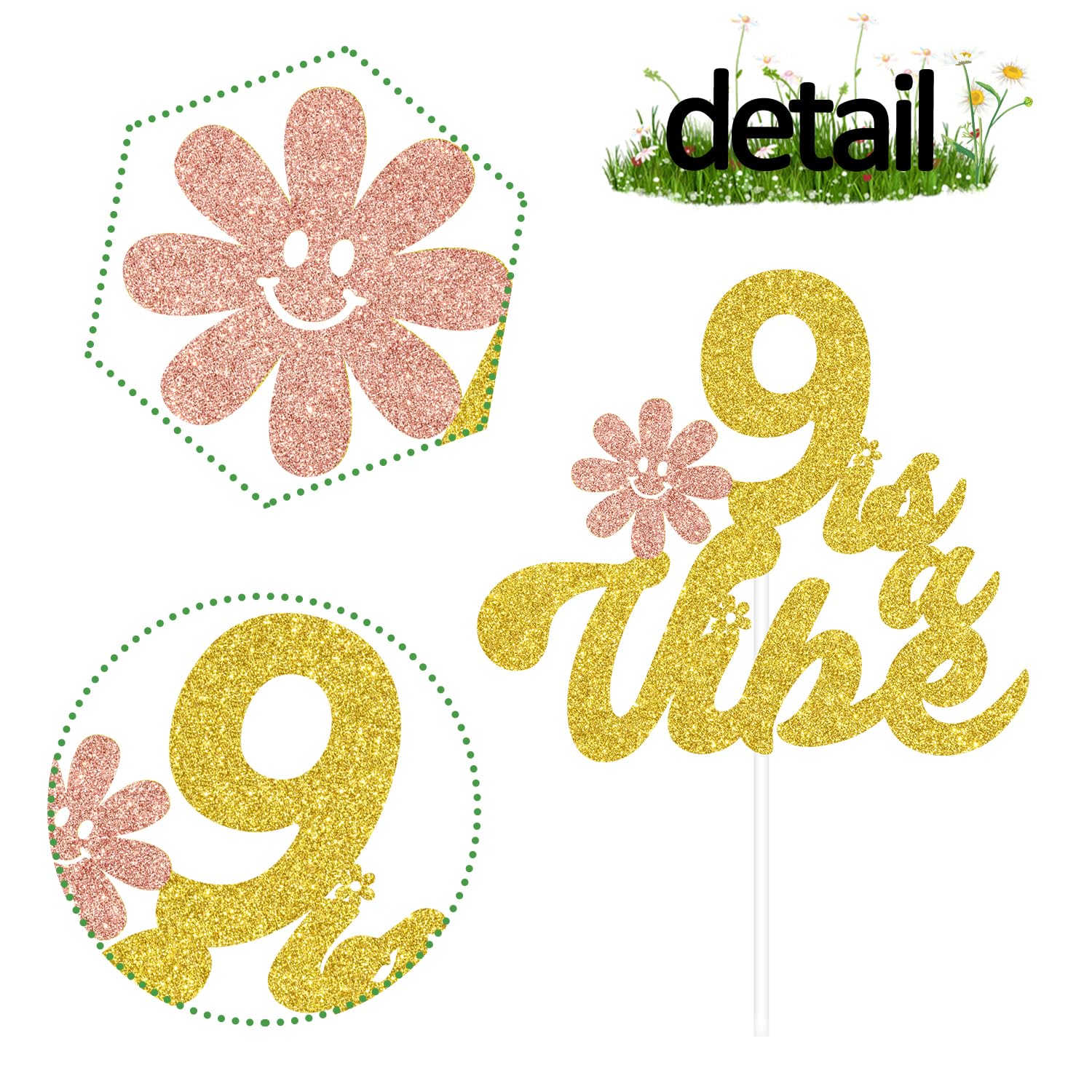 Happy 9th Birthday Cake Topper, 9 is a Vibe, Cheers to 9 Years, Glittery Groovy Daisy 9th Birthday Party Decorations Supplies