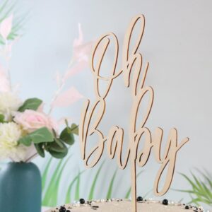 PALASASA Oh Baby Cake Topper - Large size Wooden Baby Shower Cake Topper,For Rustic Theme Gender Reveal Party/Baby Booth Props Party Photo Decorations (5.9in*10in)