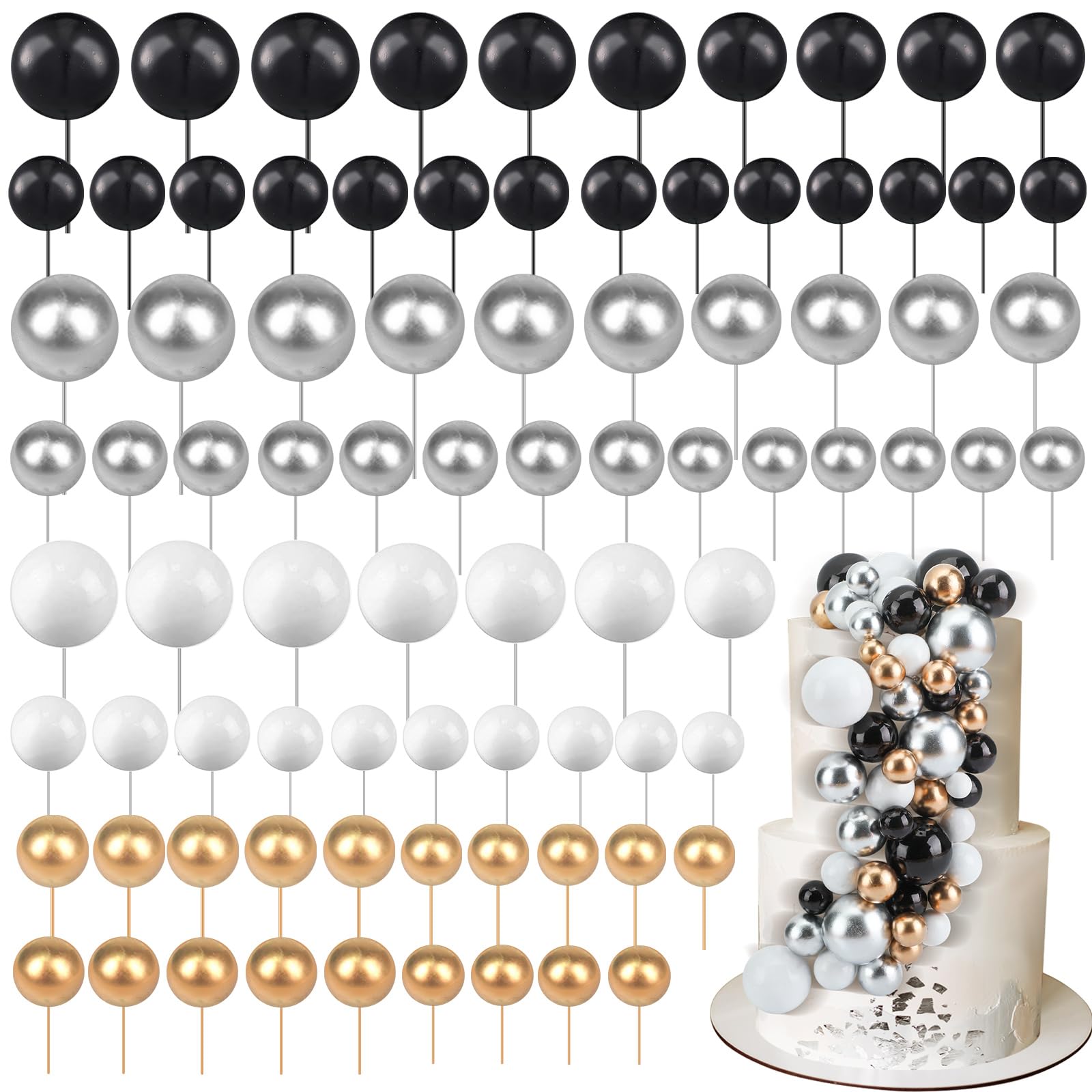 Tondiamo 108 Pcs Balls Cake Topper Balloons Cupcake Topper DIY Cake Insert Topper Foam Cake Balls Baking Decoration for Wedding Anniversary Birthday (Black, Silver, White, Gold,Multi Sizes)