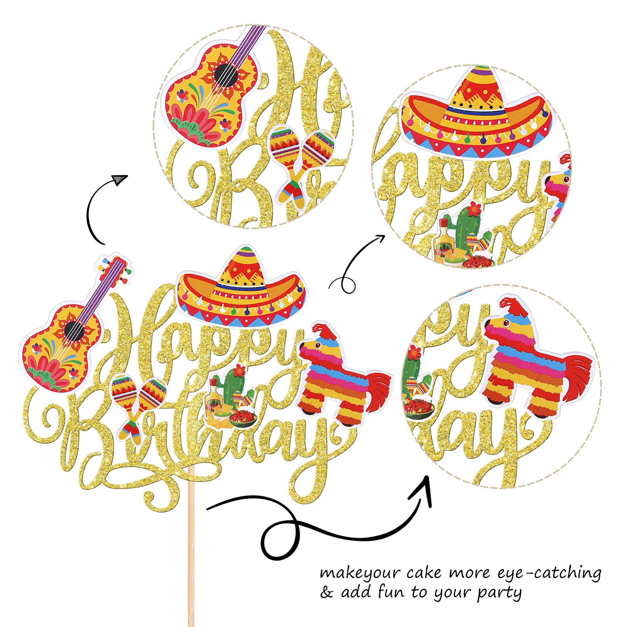 1 Pack Happy Birthday Fiesta Cake Topper Guitar Cactus Donkey Rackets Pepper Cake Pick for Mexican Fiesta Theme Baby Shower Birthday Party Cake Decorations Supplies Gold