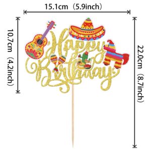 1 Pack Happy Birthday Fiesta Cake Topper Guitar Cactus Donkey Rackets Pepper Cake Pick for Mexican Fiesta Theme Baby Shower Birthday Party Cake Decorations Supplies Gold