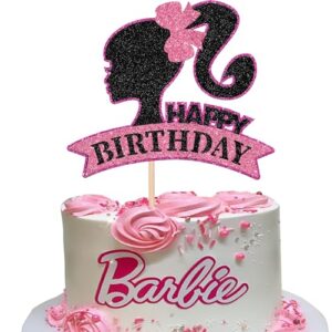 1 pcs black and pink girl happy birthday cake topper with bow double layers glitter princess birthday cake pick for princess theme baby shower girls birthday wedding party cake decorations supplies