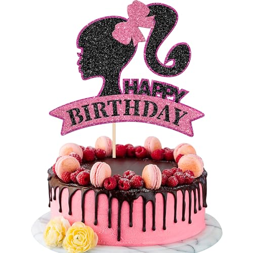 1 PCS Black and Pink Girl Happy Birthday Cake Topper with Bow Double Layers Glitter Princess Birthday Cake Pick for Princess Theme Baby Shower Girls Birthday Wedding Party Cake Decorations Supplies