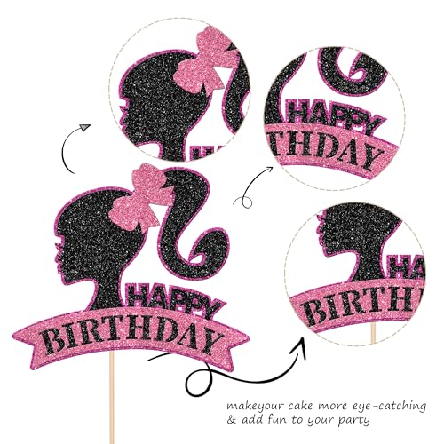 1 PCS Black and Pink Girl Happy Birthday Cake Topper with Bow Double Layers Glitter Princess Birthday Cake Pick for Princess Theme Baby Shower Girls Birthday Wedding Party Cake Decorations Supplies