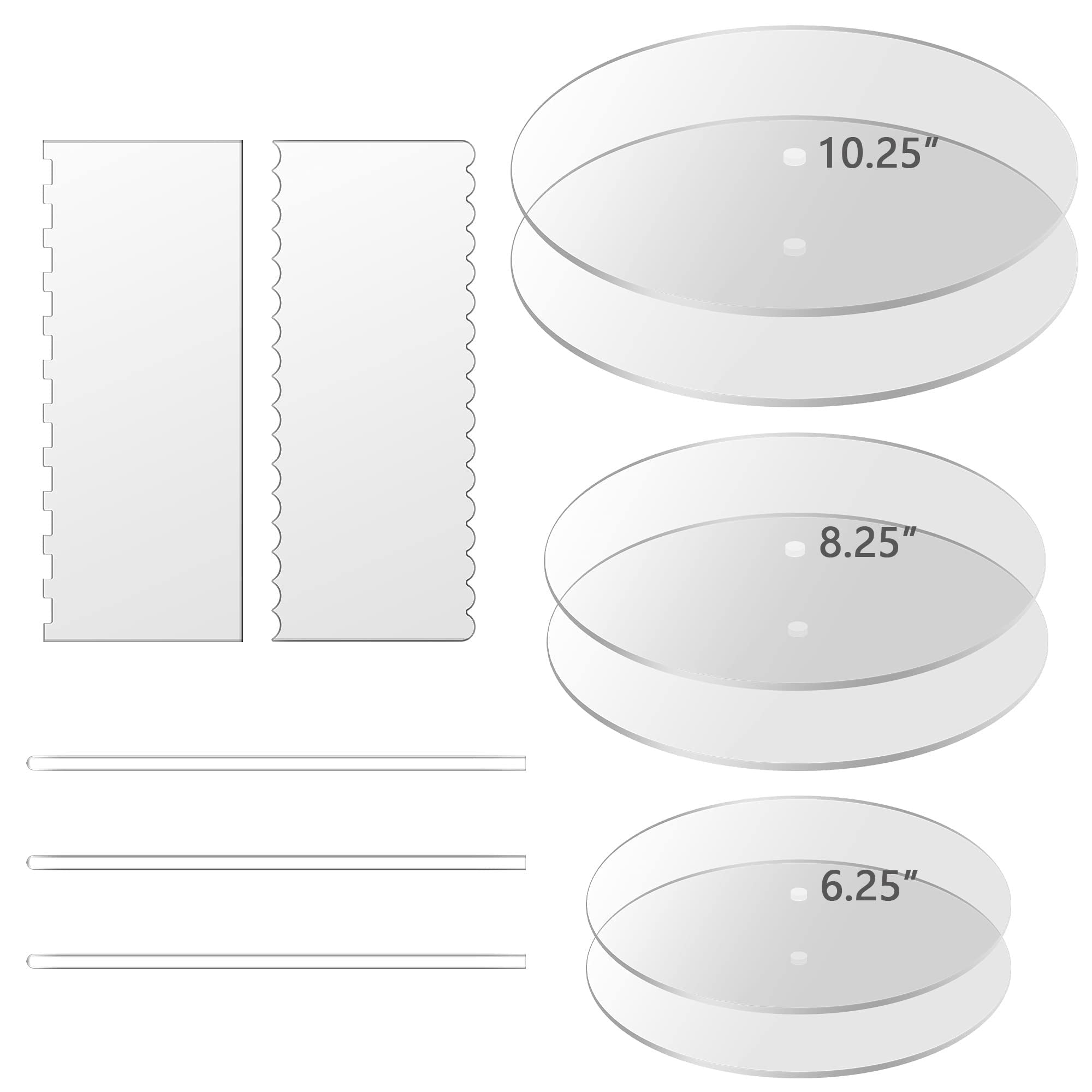 Boyun Acrylic Cake Disk Set, 3-Piece (6.25'' + 8.25'' + 10.25''), Includes Comb Scrapers, Dowel Rods, BPA-Free