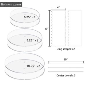 Boyun Acrylic Cake Disk Set, 3-Piece (6.25'' + 8.25'' + 10.25''), Includes Comb Scrapers, Dowel Rods, BPA-Free