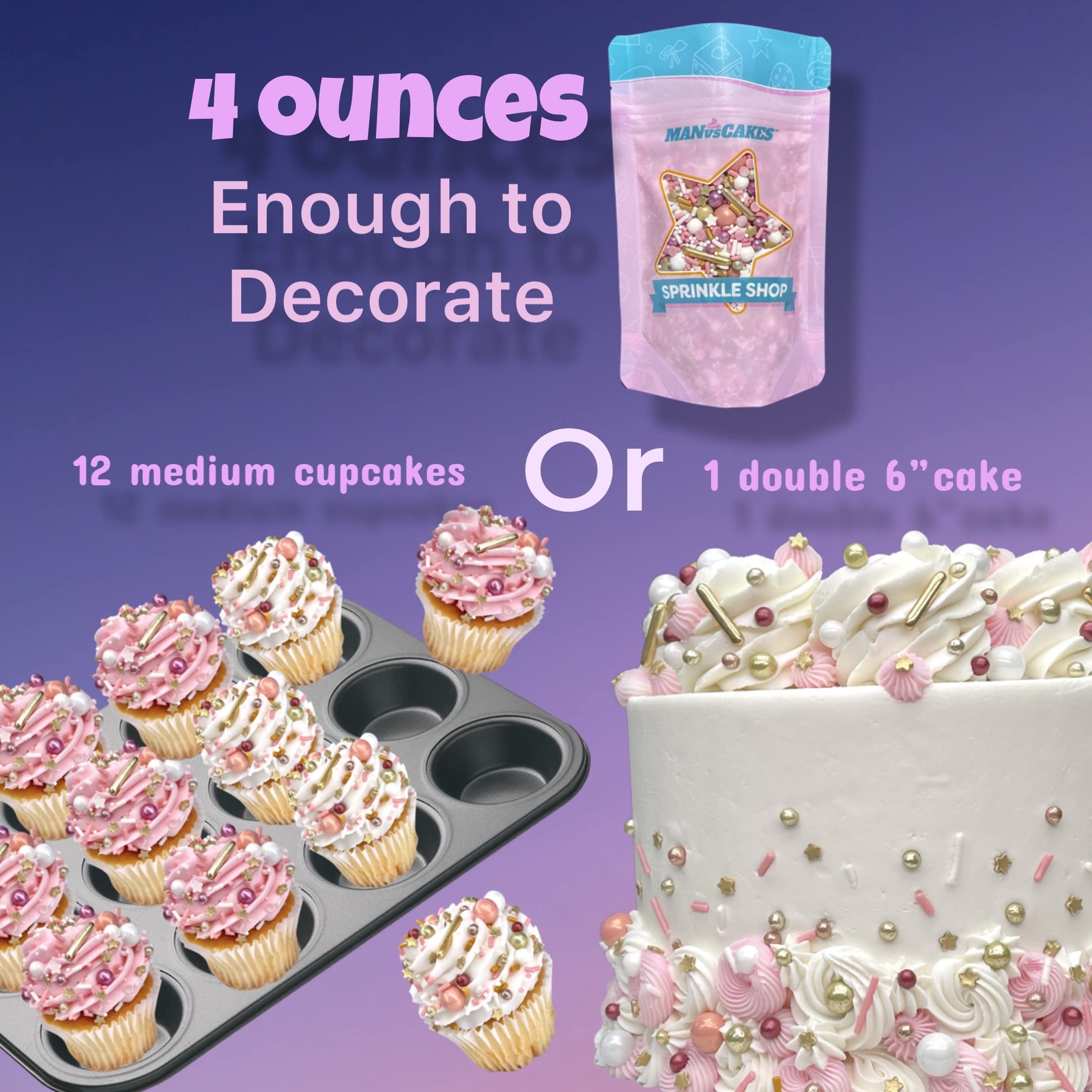 Manvscakes, pink sprinkles, valentines, cake sprinkles, gluten free, cookies, chocolate, fondant, princess topping, ice cream, edible, dessert decoration (Rose)