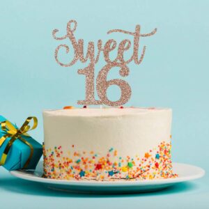 Sweet 16 Cake Toppers Rose Gold Glitter, Sweet 16 Cake Topper, Sweet 16 Birthday Cake Topper, 16th Birthday Cake Topper, Sweet 16 Decorations for Cake, Sweet 16 Decorations (Double Sided Glitter)