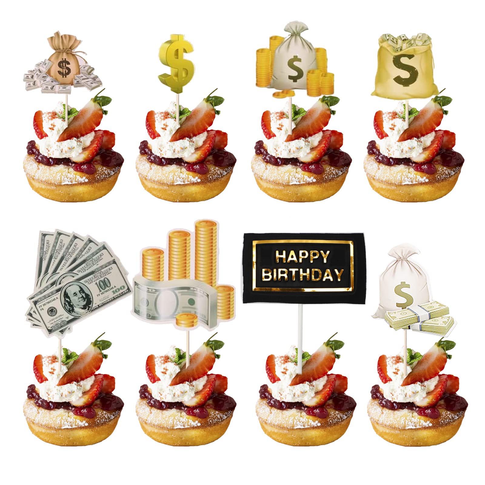 10Pcs Happy Birthday Cake Topper Set, Dollar Bill Sign Cupcake Toppers Money Theme Decorations for Birthday Party Halloween Thanksgiving Christmas Decor