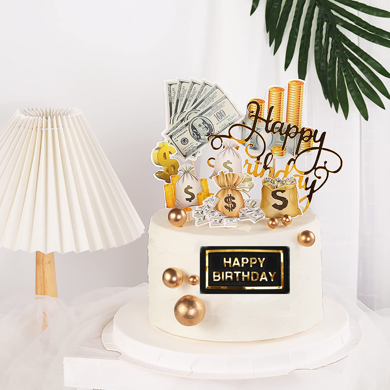 10Pcs Happy Birthday Cake Topper Set, Dollar Bill Sign Cupcake Toppers Money Theme Decorations for Birthday Party Halloween Thanksgiving Christmas Decor