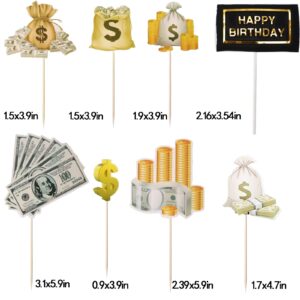 10Pcs Happy Birthday Cake Topper Set, Dollar Bill Sign Cupcake Toppers Money Theme Decorations for Birthday Party Halloween Thanksgiving Christmas Decor