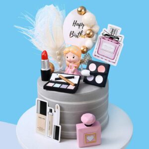 MEMOVAN Makeup Cake Topper 4 Pack, Resin Cosmetics Lipstick Perfume Bottle Eye Shadow Blush Makeup Cake Decorations for Bridal Shower Bachelorette Girl Women Spa Makeup Themed Birthday Party Supplies