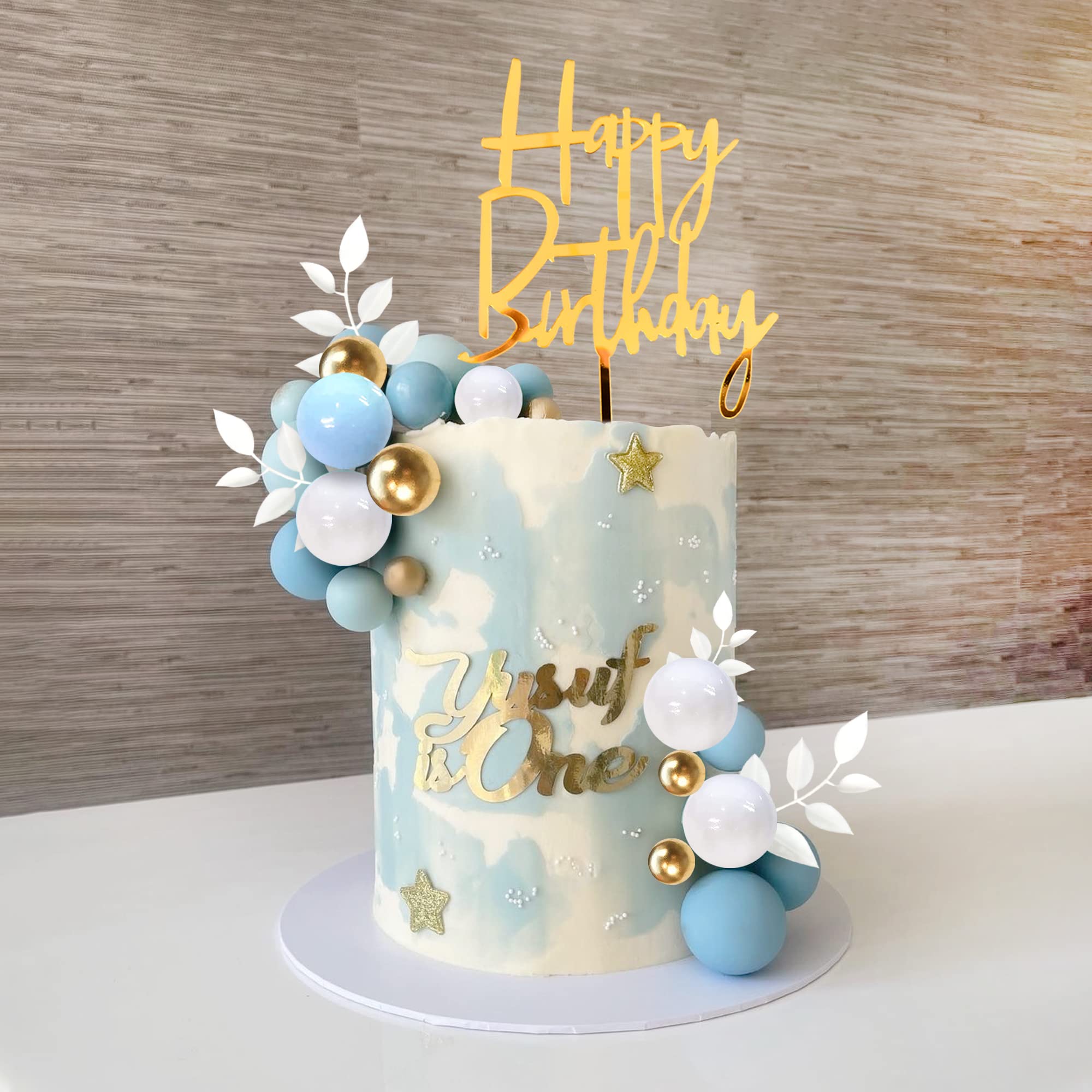 Blue Balls Cake Topper Boho Grass Cake topper Blue White Gold Pearl Balls Happy Birthday Cake Decorations for Wedding Baby Shower Birthday Boho Themed Party Supplies (Blue)