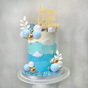 Blue Balls Cake Topper Boho Grass Cake topper Blue White Gold Pearl Balls Happy Birthday Cake Decorations for Wedding Baby Shower Birthday Boho Themed Party Supplies (Blue)