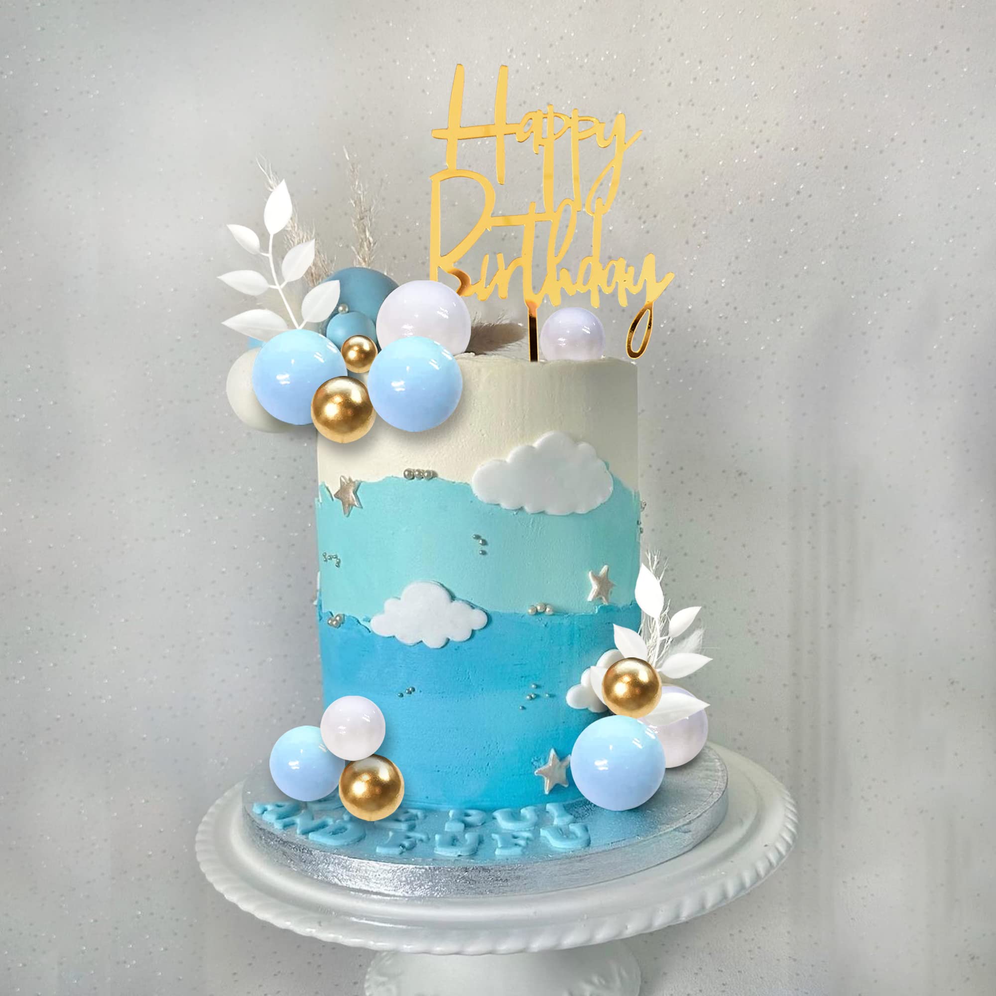 Blue Balls Cake Topper Boho Grass Cake topper Blue White Gold Pearl Balls Happy Birthday Cake Decorations for Wedding Baby Shower Birthday Boho Themed Party Supplies (Blue)