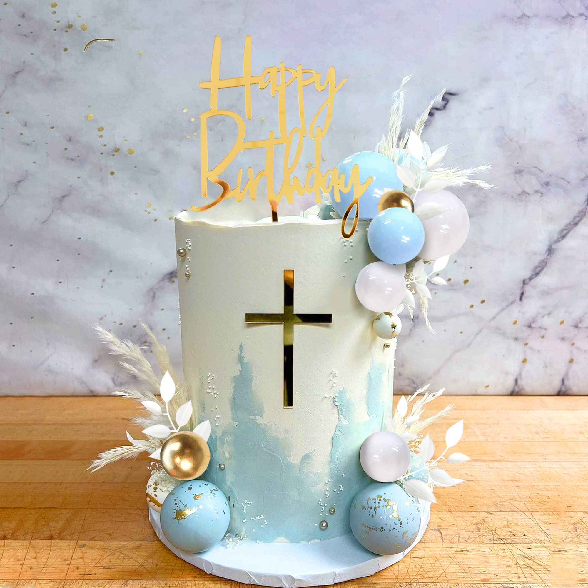 Blue Balls Cake Topper Boho Grass Cake topper Blue White Gold Pearl Balls Happy Birthday Cake Decorations for Wedding Baby Shower Birthday Boho Themed Party Supplies (Blue)