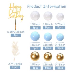 Blue Balls Cake Topper Boho Grass Cake topper Blue White Gold Pearl Balls Happy Birthday Cake Decorations for Wedding Baby Shower Birthday Boho Themed Party Supplies (Blue)