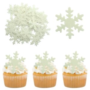 gyufise 50pcs white edible cupcake toppers snowflakes cake decoration for christmas winter frozen birthday party supplies