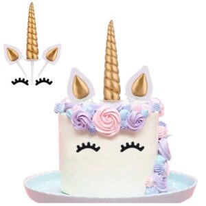 yashell topper, reusable gold horn,ears and eyelashes cake value set for unicorn party decoration for baby shower，weddin