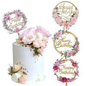 4pcs gold flower acrylic happy birthday cake topper cake decoration supplies