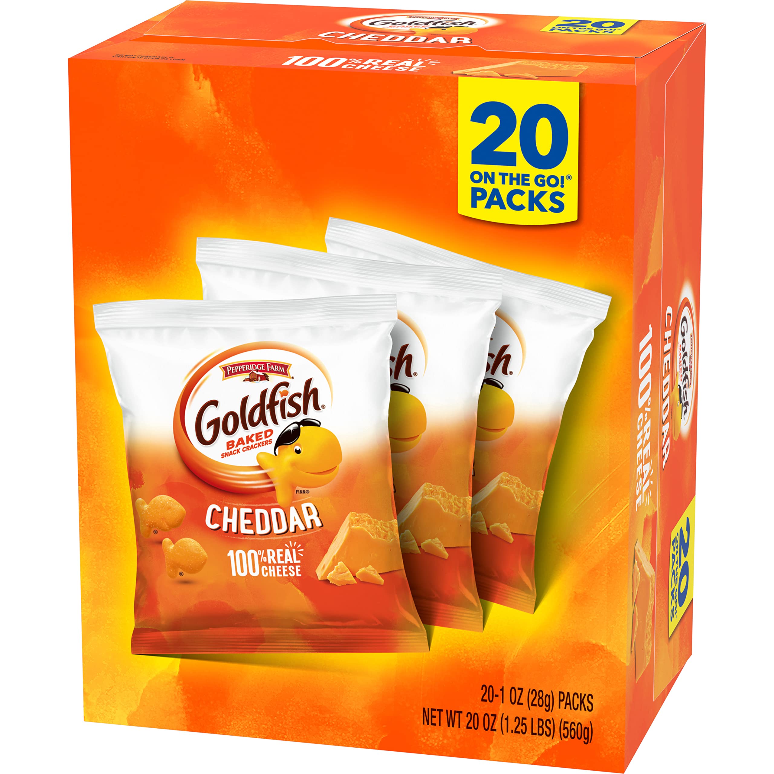 Goldfish Cheddar Cheese Crackers, Baked Snack Crackers, 1 oz On-the-Go Snack Packs, 20 Count Box