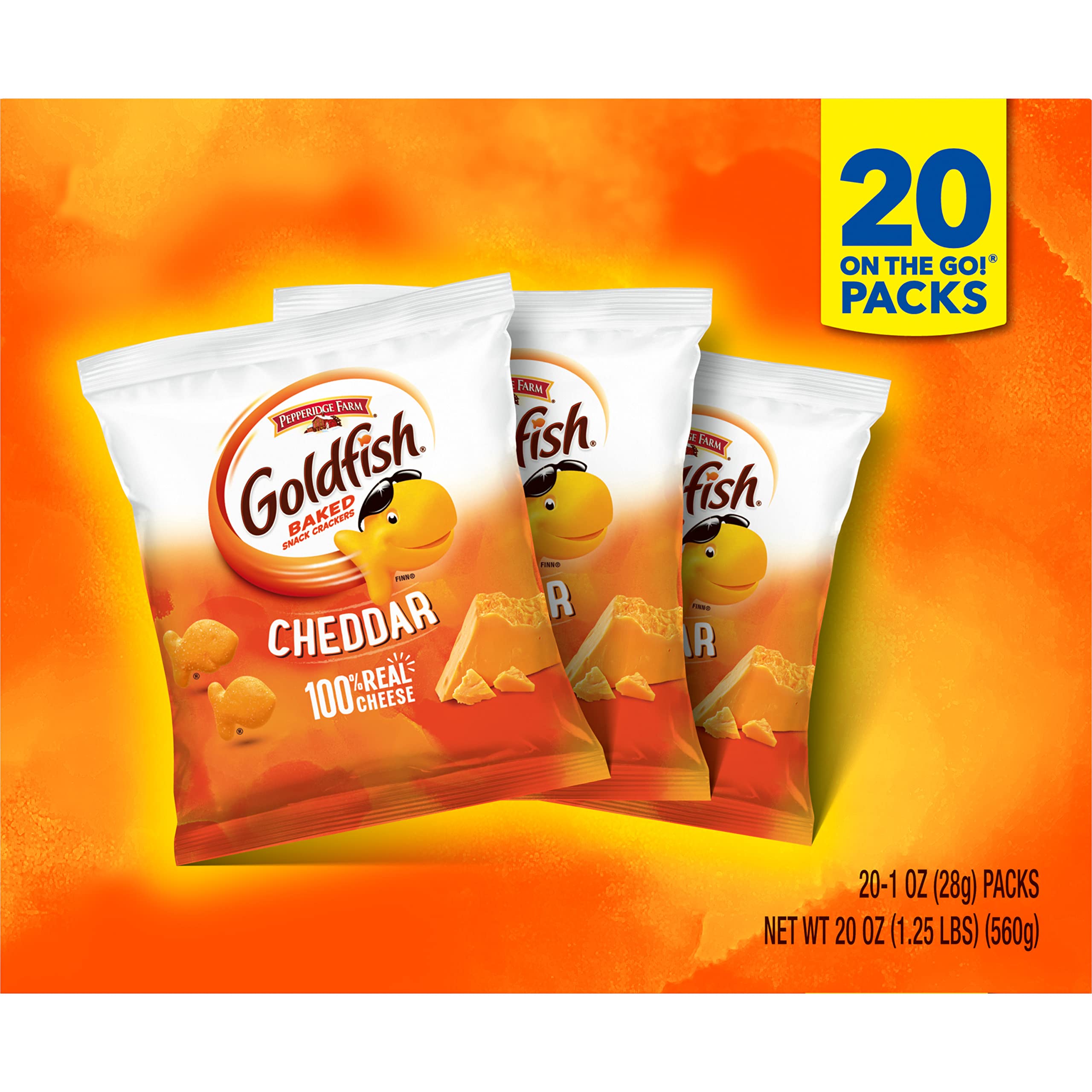 Goldfish Cheddar Cheese Crackers, Baked Snack Crackers, 1 oz On-the-Go Snack Packs, 20 Count Box