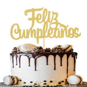 spanish feliz cumpleaños cake topper - gold glitter happy birthday cake topper, fiesta theme party decoration supplies, single-side gold glitter decorations