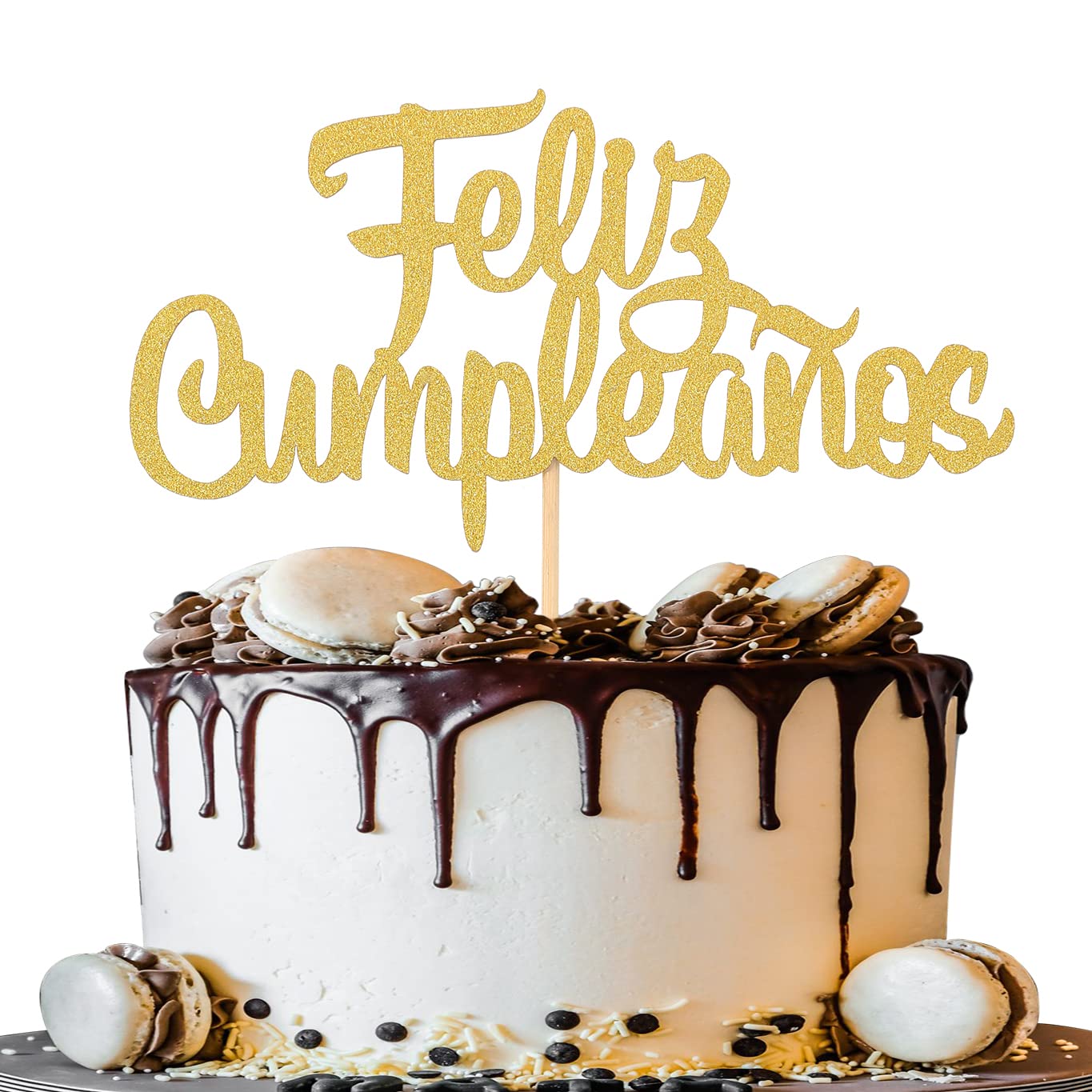 Spanish Feliz Cumpleaños Cake Topper - Gold Glitter Happy Birthday Cake Topper, Fiesta Theme Party Decoration supplies, single-side gold glitter decorations