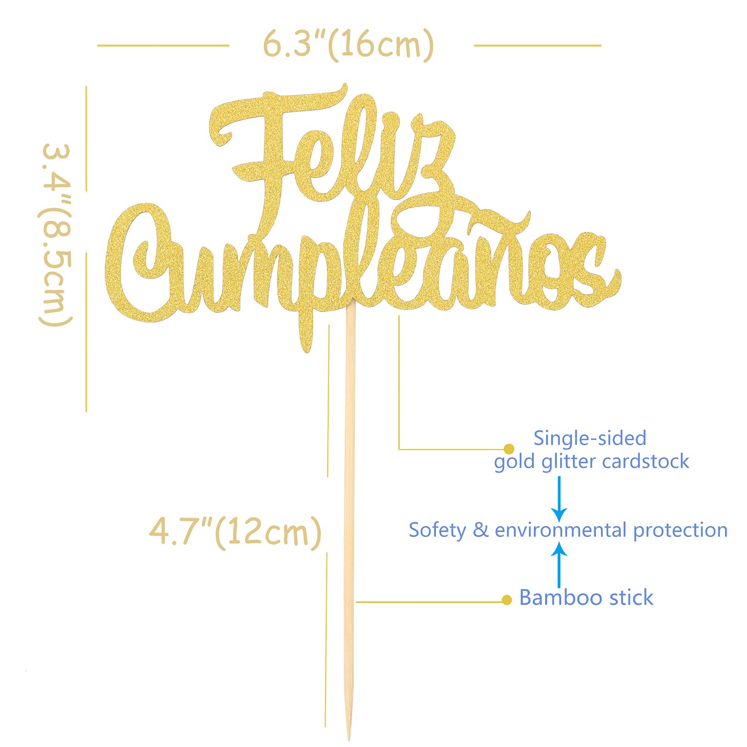 Spanish Feliz Cumpleaños Cake Topper - Gold Glitter Happy Birthday Cake Topper, Fiesta Theme Party Decoration supplies, single-side gold glitter decorations