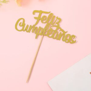 Spanish Feliz Cumpleaños Cake Topper - Gold Glitter Happy Birthday Cake Topper, Fiesta Theme Party Decoration supplies, single-side gold glitter decorations