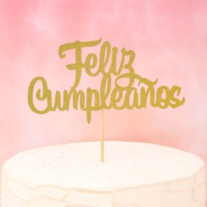 Spanish Feliz Cumpleaños Cake Topper - Gold Glitter Happy Birthday Cake Topper, Fiesta Theme Party Decoration supplies, single-side gold glitter decorations